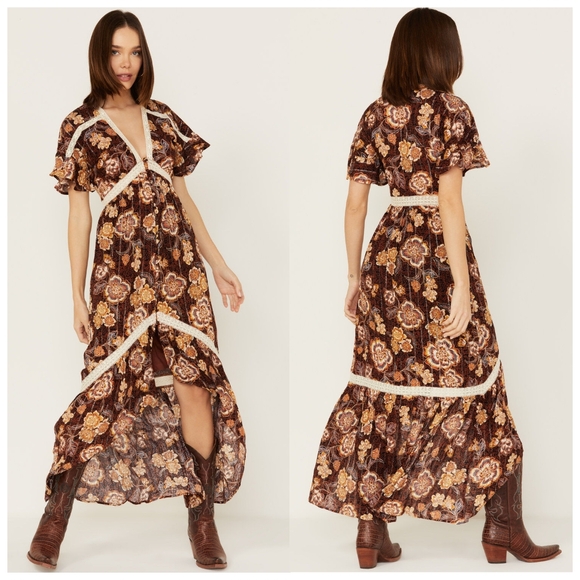 Shyanne | Dresses | Shyanne Floral Lace Trim Maxi Dress Xl Boho Western ...